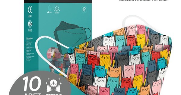 Medizer Qaro Stray Cat Desenli 4 Katlı Kore Tipi KF94 FFP2 Maske 10 ...
