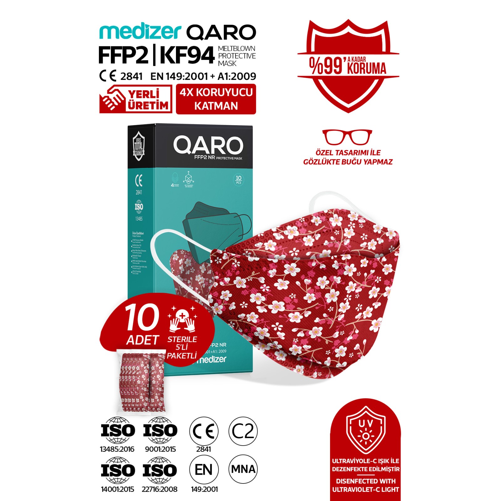 Medizer Qaro Kırmızı Çiçek Desenli 4 Katlı Kore Tipi KF94 FFP2 Maske 10 ...
