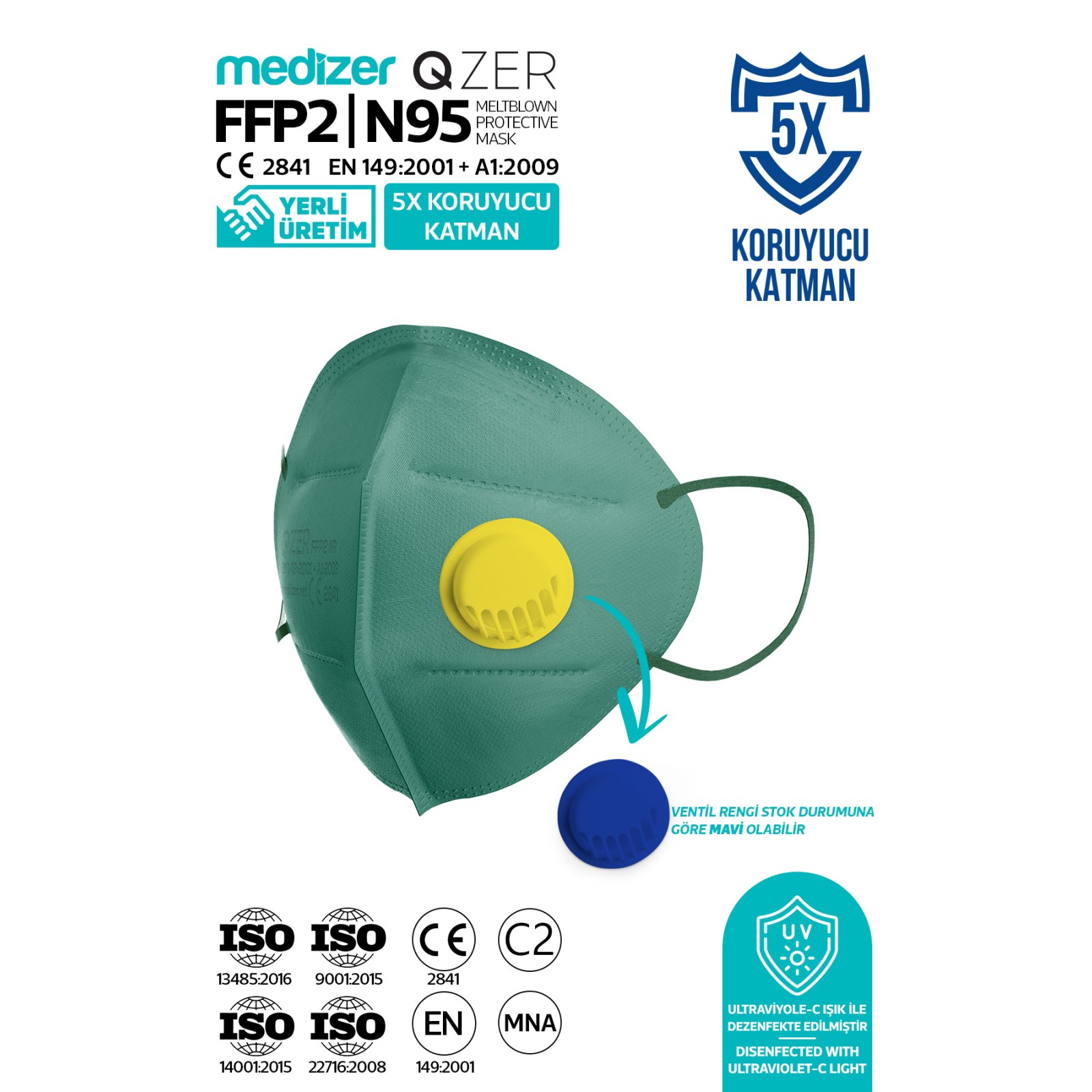 Qzer Yeşil 5 Katlı Ventilli FFP2 N95 Maske 10 Adet