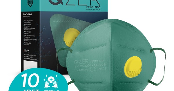 Qzer Yeşil 5 Katlı Ventilli FFP2 N95 Maske 10 Adet